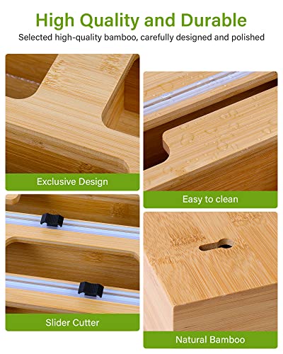 KOCWELL Bag Storage Organizer and Plastic Wrap Dispenser with Cutters, 2 Foil and Plastic Wrap Organizer, 4 Ziplock Bag Holder for Gallon, Quart, Sandwich Snack Variety Size Bags, Bamboo