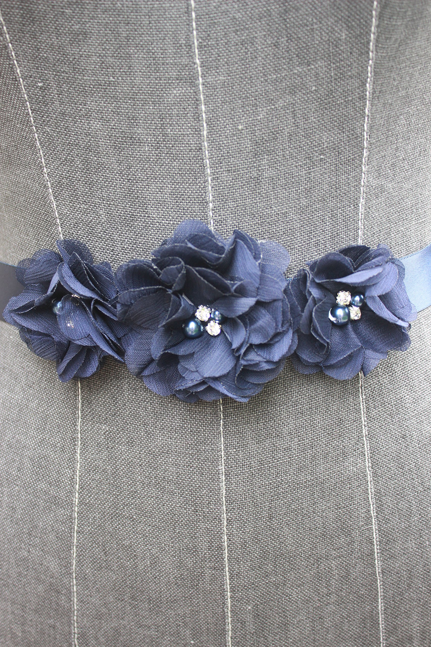 Nania Bridesmaid and Flowergirls sashes wedding sash pearls flowers belts (Dark navy)