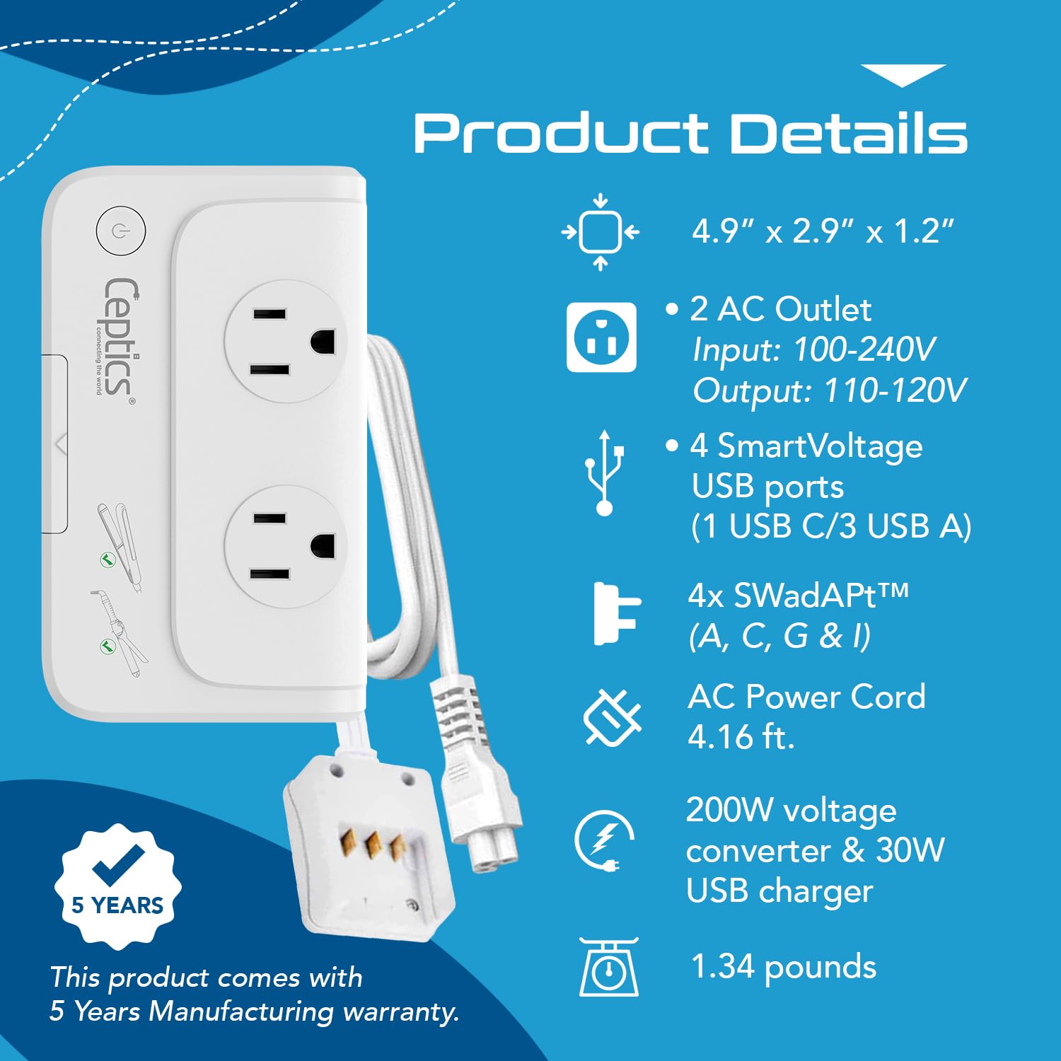 Ceptics 200 W Voltage Converter, Convert 220 V to 110V for Devices Like Curling Iron, Straightener, Chargers, Step Down World Power Plug - 4 USB PD 18W Fast Charging - EU/AU/UK/US Included