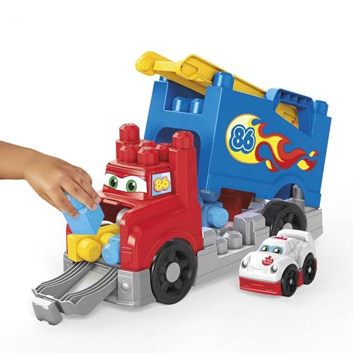 MEGA BLOKS First Builders Toddler Blocks Toy Set, Build & Race Rig with 16 Pieces, Sounds and Storage, Red, Ages 1+ Years