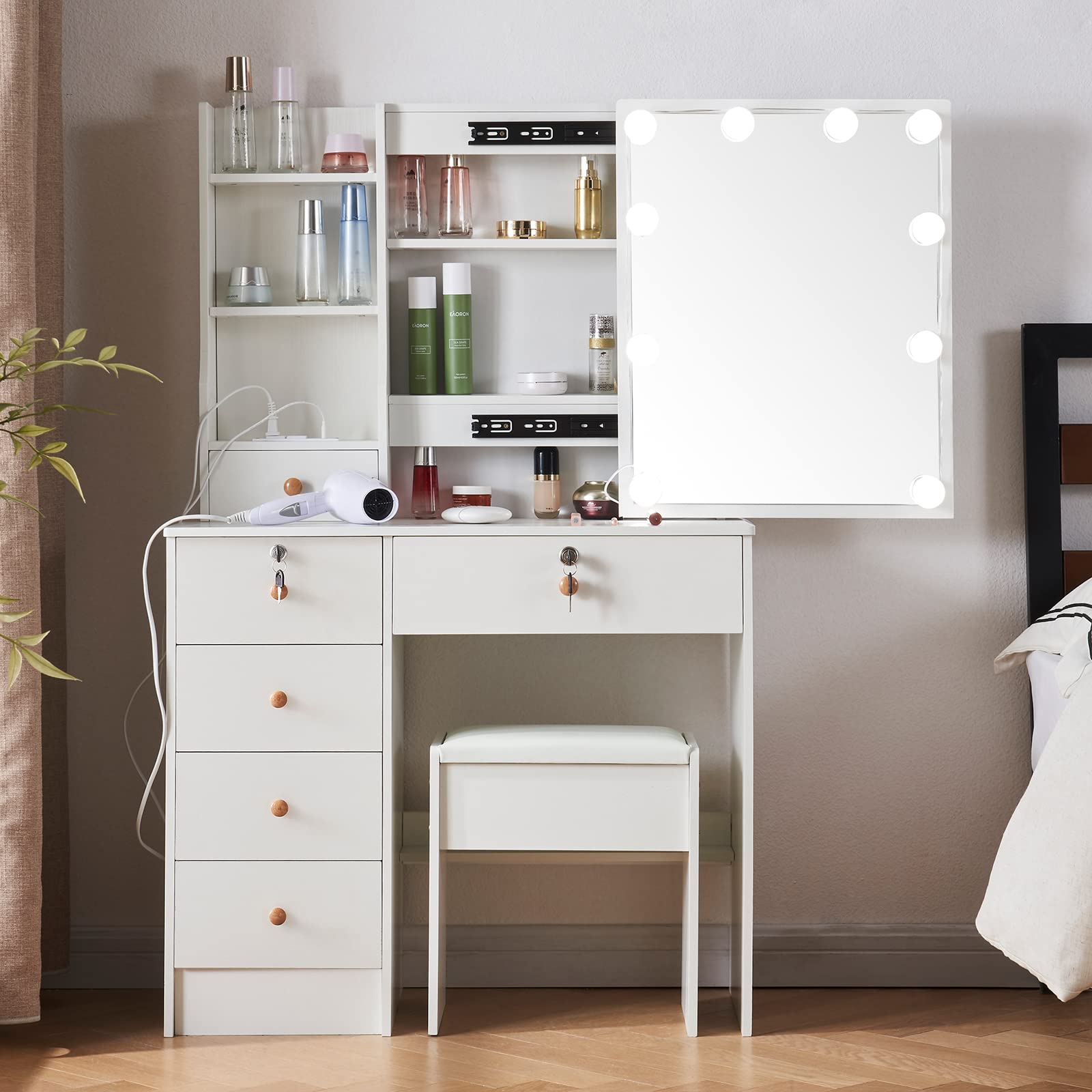 Buildonely Makeup Vanity Desk with Mirror and Lights, Dressing Table Set with 6 Drawers, 3 Color Modes Dimmer Switch 10 Light Bulbs, Vanity Set with Cushioned Stool for Girls, Women, Bedroom. White