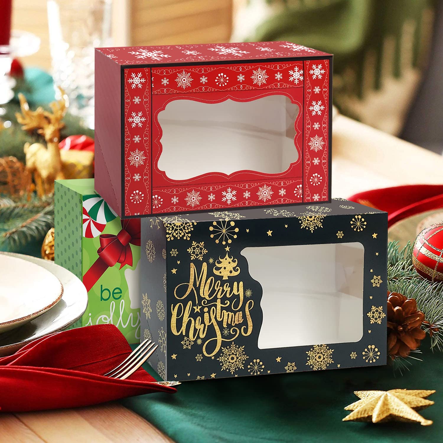 Party Funny 12 Christmas Cookie Boxes -Large Holiday Bakery Food Container for Gift Giving with 80 Count Christmas Foil Gift Stickers
