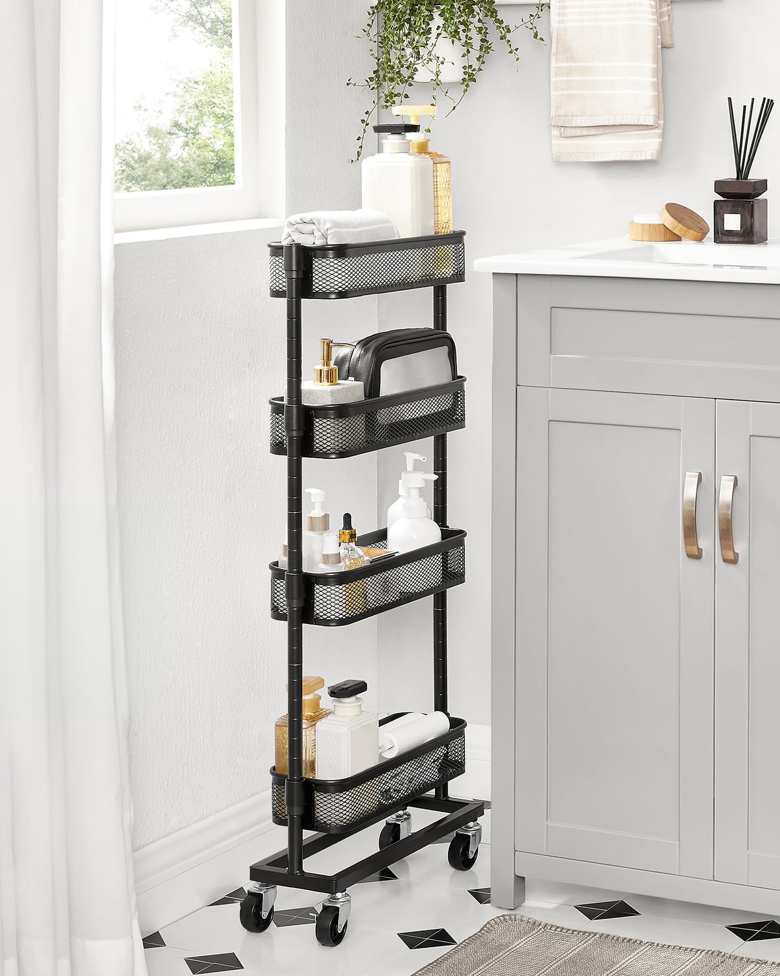 SONGMICS Slim Storage Cart, 4-Tier Metal Rolling Cart with Wheels, Flexible Baskets, Narrow Cart for Kitchen, Bathroom, Laundry Room, Easy Assembly, Black UBSC065B01