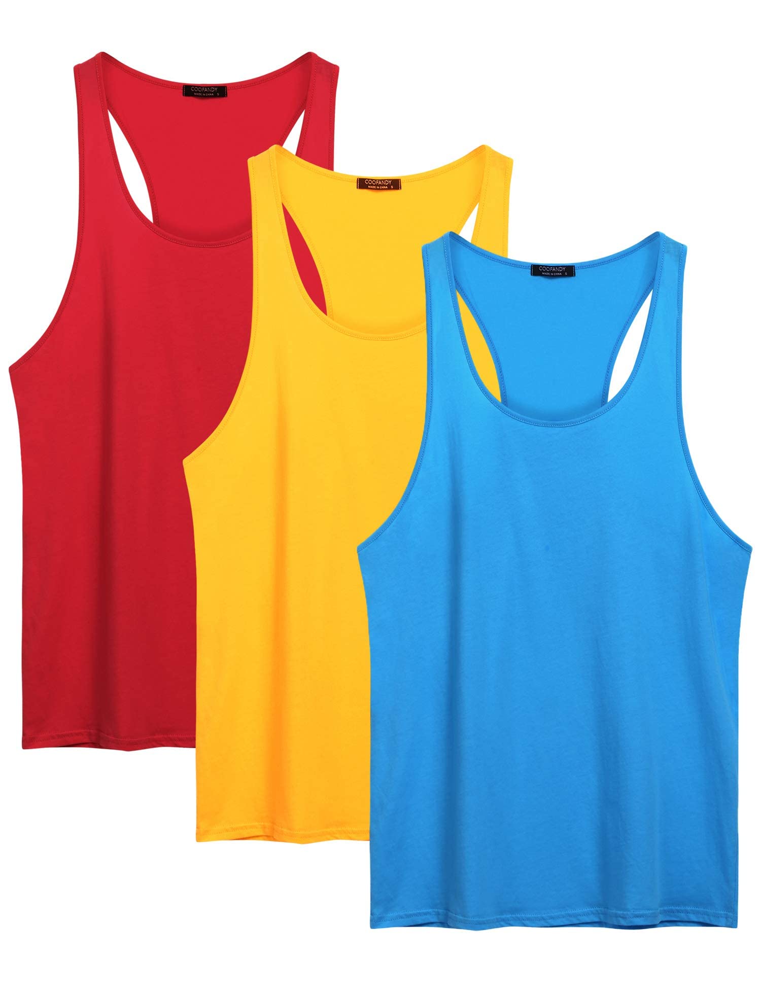 COOFANDY Men's 3 Pack Tank Tops Cotton Performance Sleeveless Casual Classic T Shirts (Blue/Red/Yellow, Large)