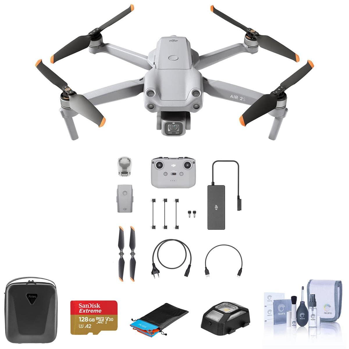 DJI Air 2S 4K Drone Bundle with Backpack, 128GB microSD Card, White LED Strobe, Landing Pad, Cleaning Kit