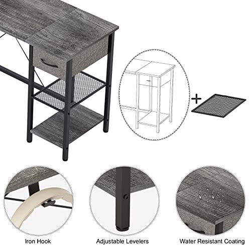 PONROL L Shaped Computer Desk with Storage Drawer Shelves and Monitor Stand, Modern Reversible Corner Gaming Table Sturdy Writing Workstation for Home Office