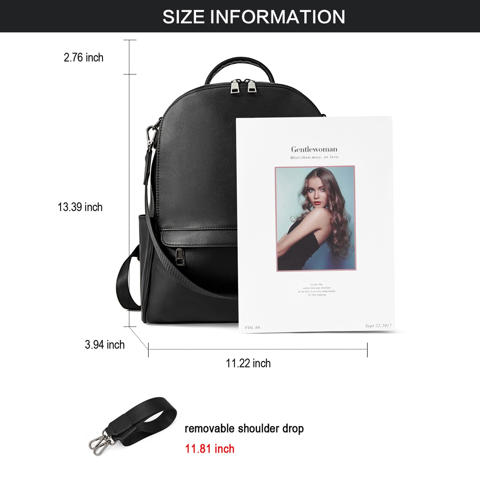 BROMEN Backpack Purse for Women Fashion Anti-theft Backpack Vegan Leather College Shoulder Handbag Black