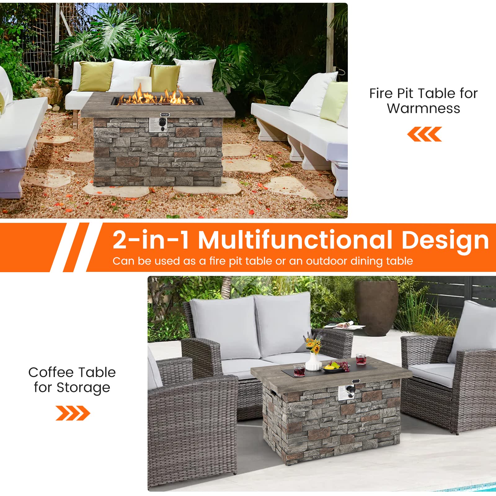 Giantex Propane Fire Pit Table - 2-in-1 Outdoor Rectangle Fire Table W/Volcanic Rock & PVC Cover, Stainless Steel Burner, 50,000 BTU Heat Output, Faux Stone Surface, 43.5β Gas Fire Pits for Outside