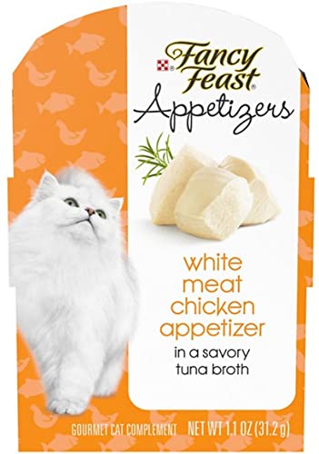 Purina Purely Fancy Feast Appetizers Cat Treats Flavor Variety Sampler Bundle of 12 Containers, (1.1 Ounces Each) with a Bundle a Plastic Noisy Cat Toy Ball and WMB's Sticker.