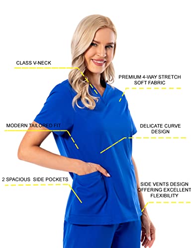 PuriPure Women Scrubs Top V-Neck Athletic Workwear Uniform 4-Way Stretch V-Neck Scrub Top with 2 Pockets (XX-Large, Galaxy Blue)