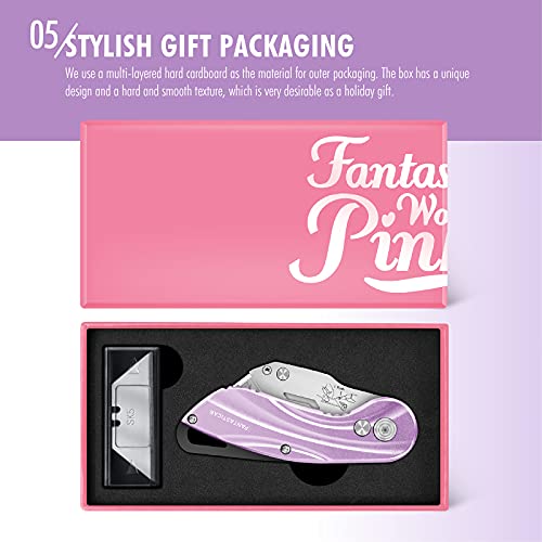 FantastiCAR Folding Box Cutter, Quick Blade Change Utility Knife, with Anti-slip Metal Body, Safety Lock, 5 Extra Blades (Purple Streamline)