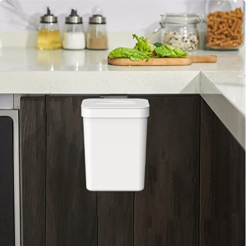 Frcctre 2 Pack Plastic Waste Bin, 3L/0.8 Gal Wall Mounted Garbage Can, Small Compost Bin with Lid for Kitchen Cabinet Door, Counter Top, Under Sink, Bedroom, Bathroom, White+Blue