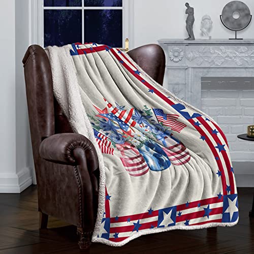 LEOKOTI 4th of July Spring Floral Ultra Warm Sherpa Blankets Throw, Red Stripes Star Independence Day Durable Double-Side Fluffy Baby Throw Blanket for All Seasons Throw Size 50" x 60"