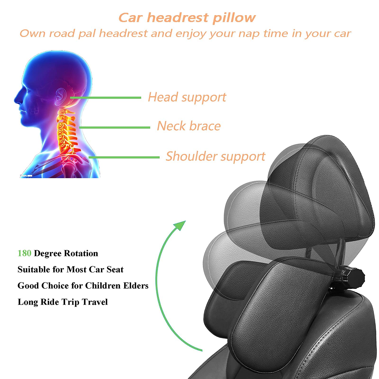 Car Seat Headrest Pillow,Car Neck Pillow Head Pillow,Sleeping Travel Seat, Head Cushion Foam,Premium Seat Head Pillow,180 Degree Adjustable Both Sides,Long Trip Rest Pillow for Kids Elders
