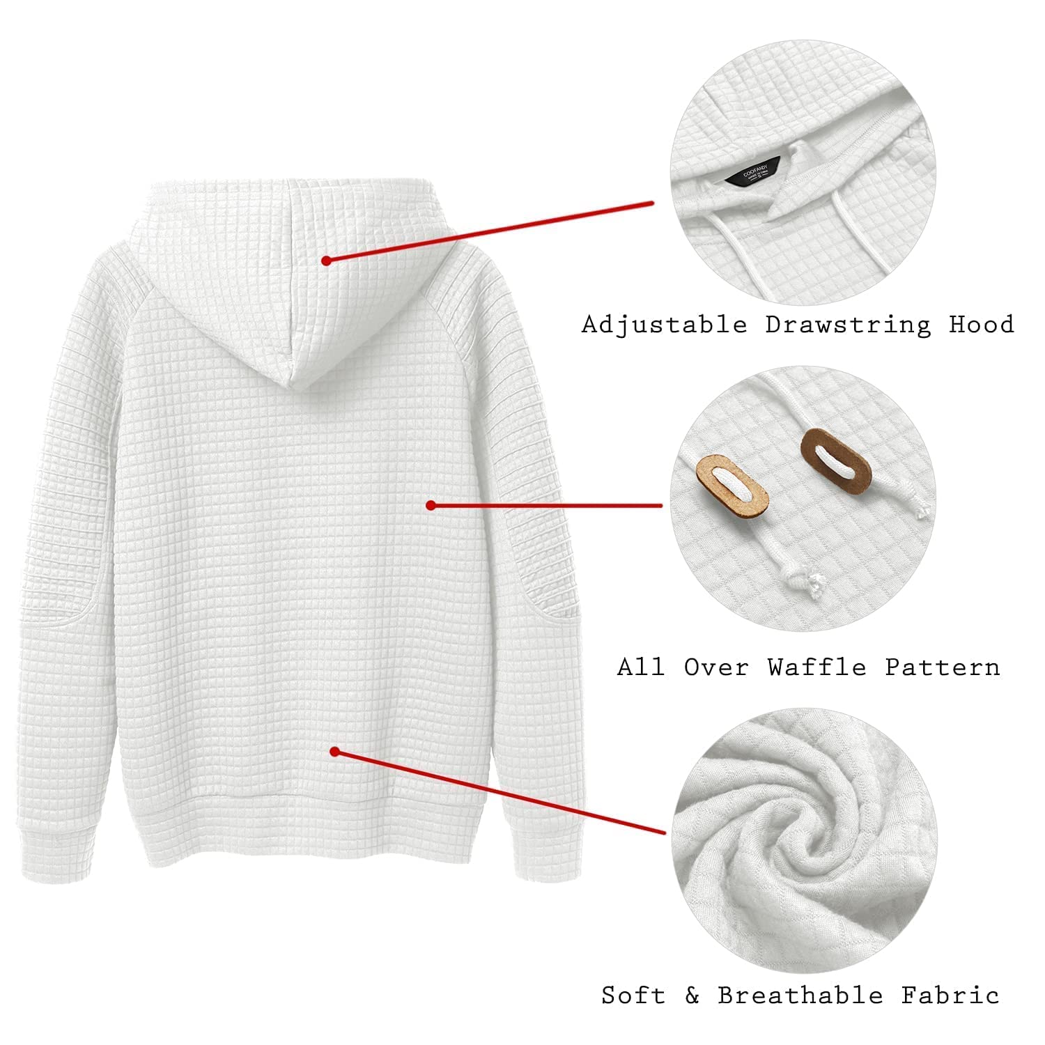 COOFANDY Men's Hoodies Pullover Pleated Long Sleeve Drawstring Knit Hooded Sweatshirt with Kanga Pocket, White, Large