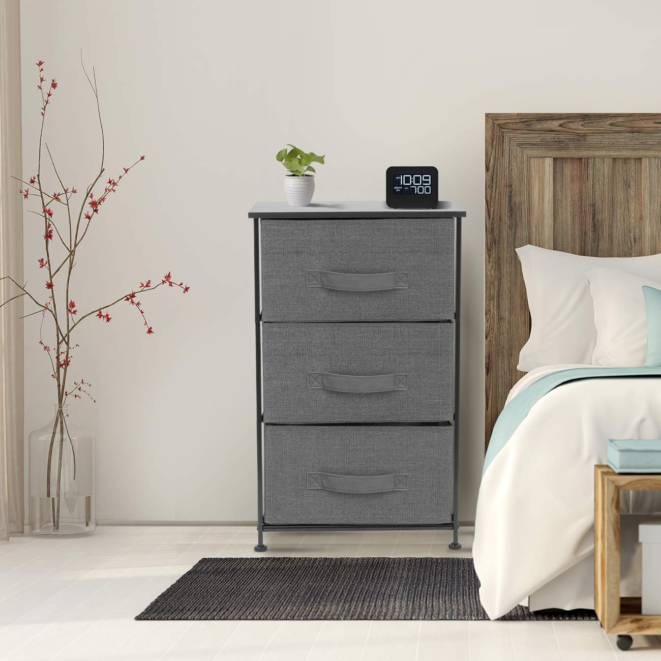 Sorbus Nightstand with 3 Drawers - Bedside Furniture & Night Stand End Table Dresser with Steel Frame, Wood Top, Easy Pull Fabric Bins for Home, Bedroom Accessories, Office & Dorm