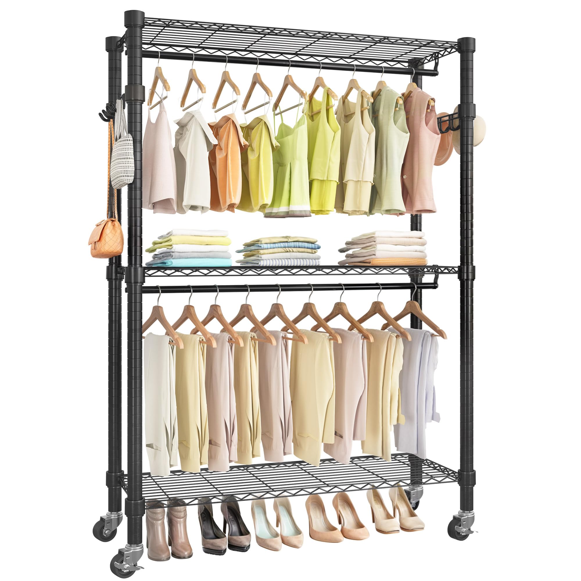 DWVO Rolling Clothes Rack with Wheels, Heavy Duty Garment Rack with 3 Tiers Adjustable Wire Shelving, Portable Clothing Rack for Cloakroom Bedroom Laundry Storage Organizer, Black