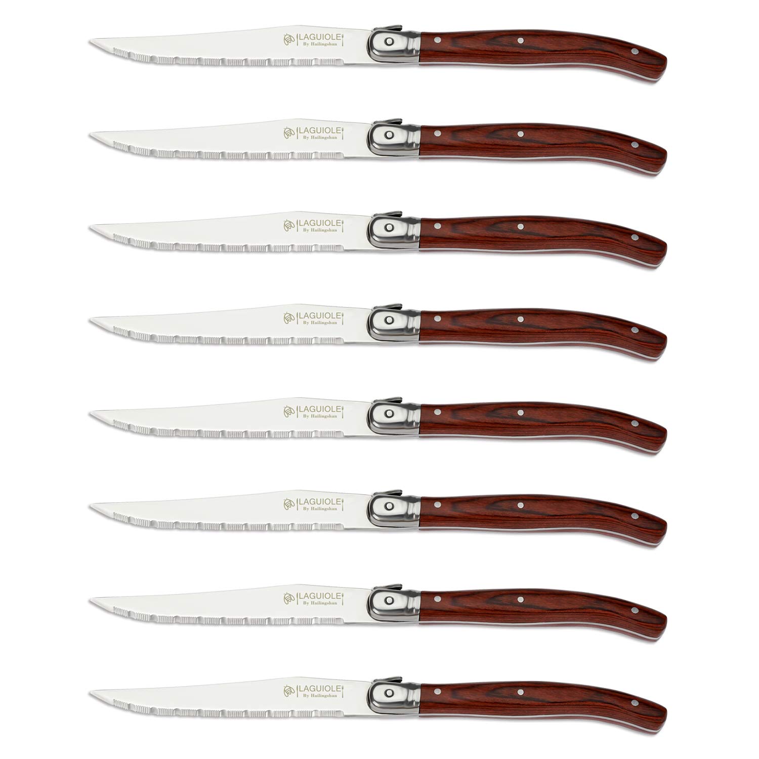 Laguiole by Hailingshan Steak knives Serrated Edge Sharp Light Premium Dishwasher Safe Stainless Steel knife set of 8 wood handle with Gift Box