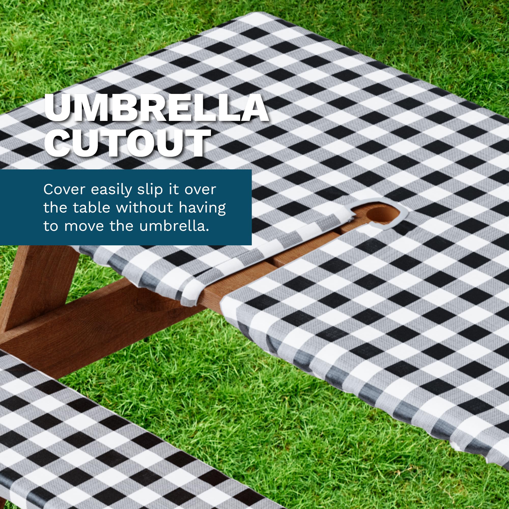 Sorfey Vinyl Umbrella Picnic Table and Bench Fitted Tablecloth Cover, Checkered Design, Flannel Backed Lining, 30x72 Inch, 3-Piece Set, Blue