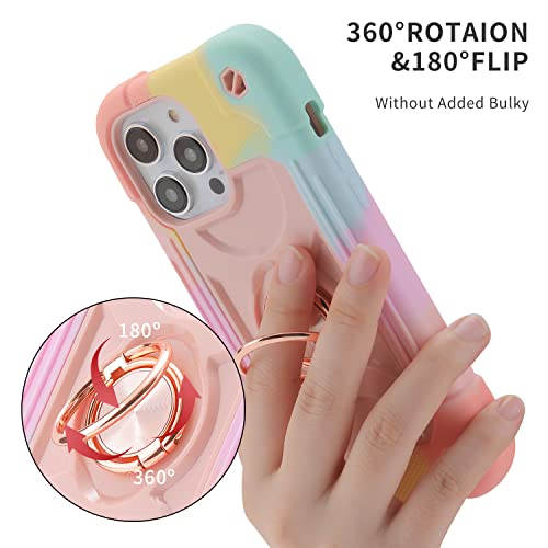 MARKILL Compatible with iPhone 14 Pro Max Case 6.7 Inch with Ring Stand, [Soft Silicone and Hard Plastic ] Heavy-Duty Military Grade Shockproof Phone Cover for iPhone 14 Pro Max. (Rainbow Pink)
