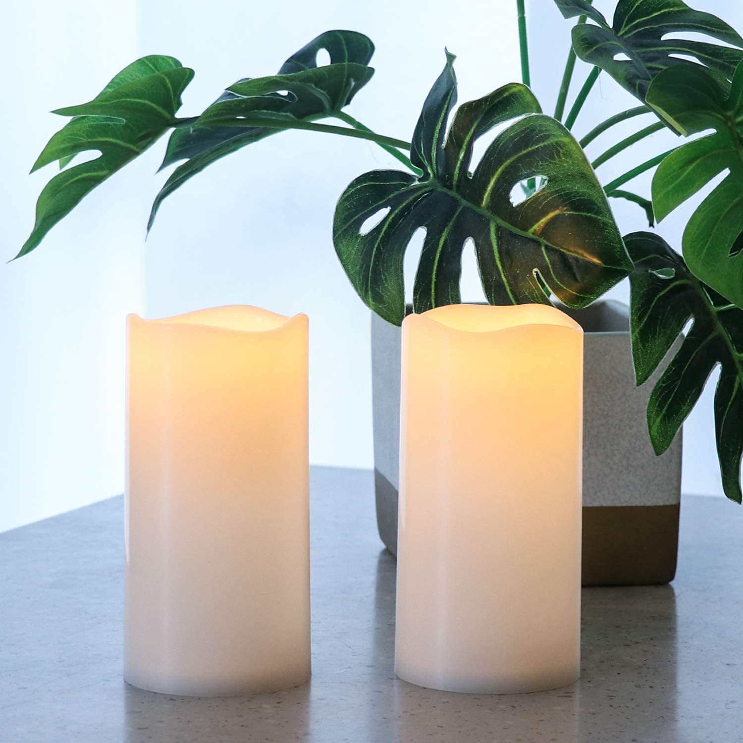 Wondise Waterproof Outdoor Flameless Pillar Candles with 6 Hour Timer,LED Flickering Battery Operated White Plastic AAA 2 Pack Indoor Candles Home Garden Patio Party Lantern Decor(D 3" x H 6")