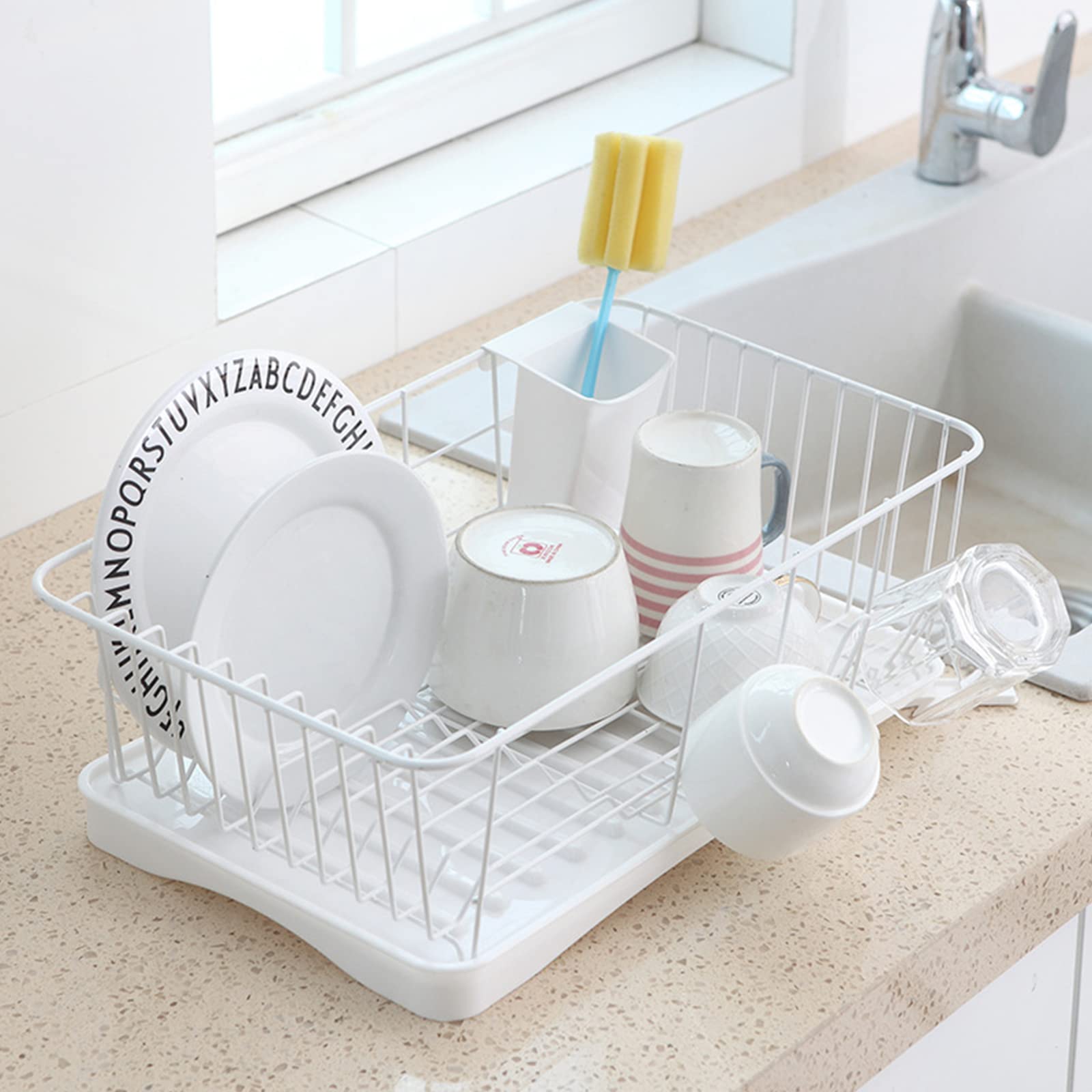 Dish Drying Rack with Swivel Spout, Dish Drainers with Drainboard for Kitchen Counter, Dish Strainer with Removable Utensil Holder, Stainless Steel Dish Drainer in Sink, White (White)