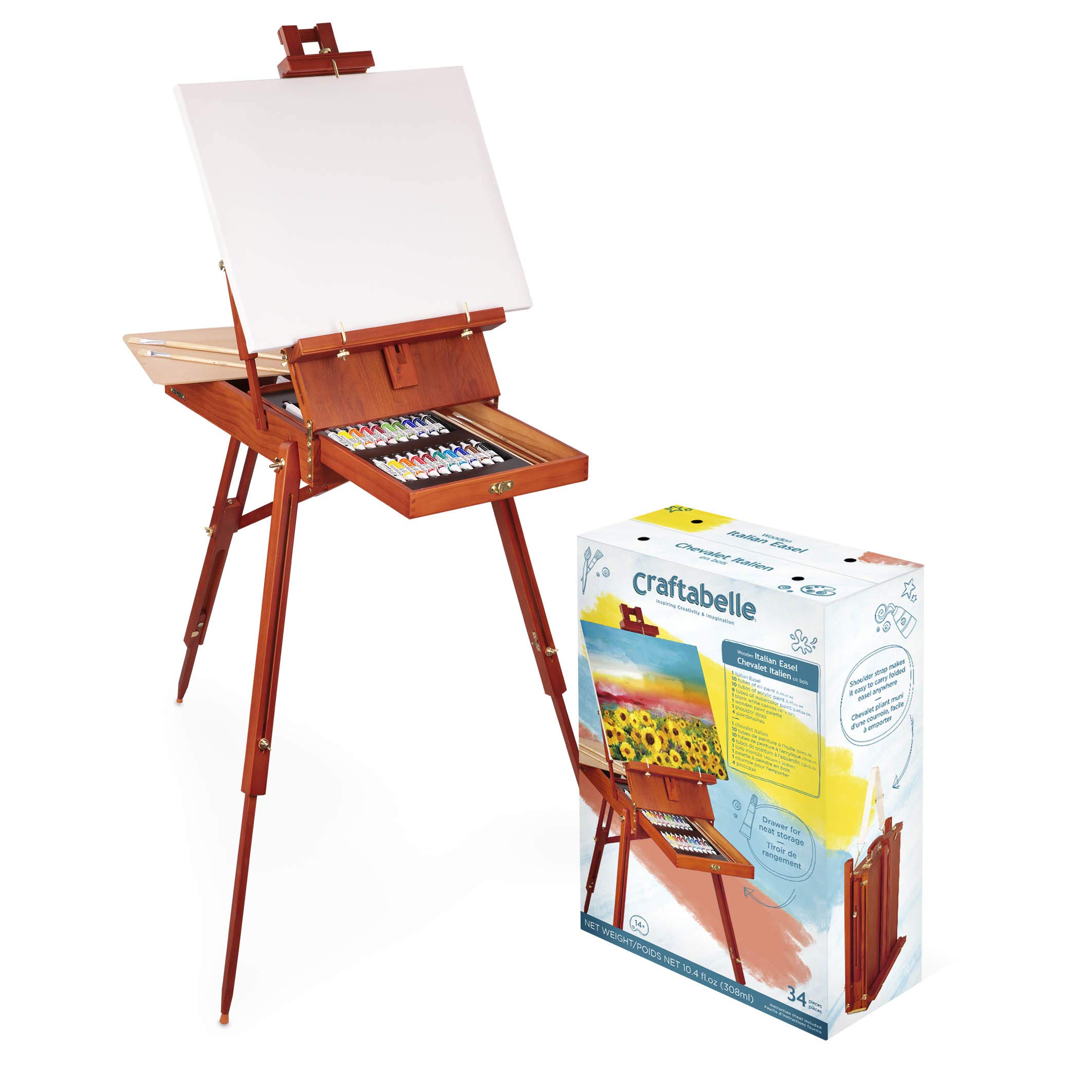 Craftabelle β Art Easel and Canvas β 34pc Set with Paint Supplies β Wooden Italian Easel (CF2441Z)