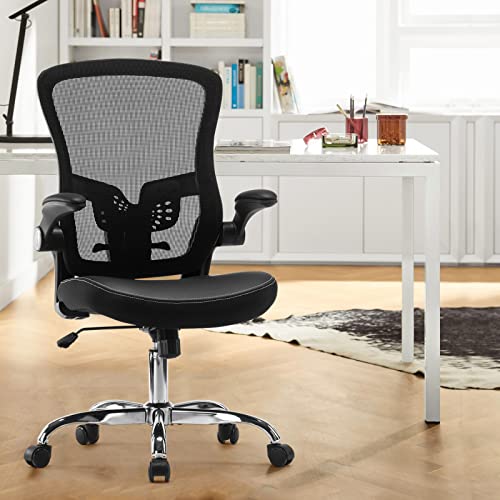 SAIBFARST Ergonomic Office Chair, PU Leather Home Desk Chair, Adjustable Height Swivel Mesh Chair Midback Computer Chair with Lumbar Support and Flip-up Armrests Executive Office Chairs