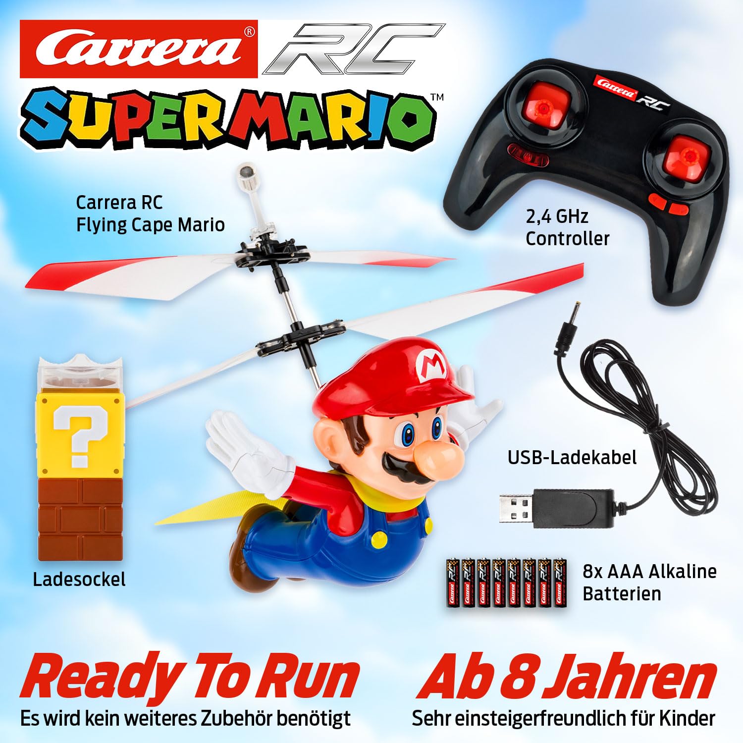 Carrera RC - Officially Licensed Flying Cape Super Mario 2.4GHz 2-Channel Rechargeable Remote Control Helicopter Drone Toy with Easy to Fly Gyro System