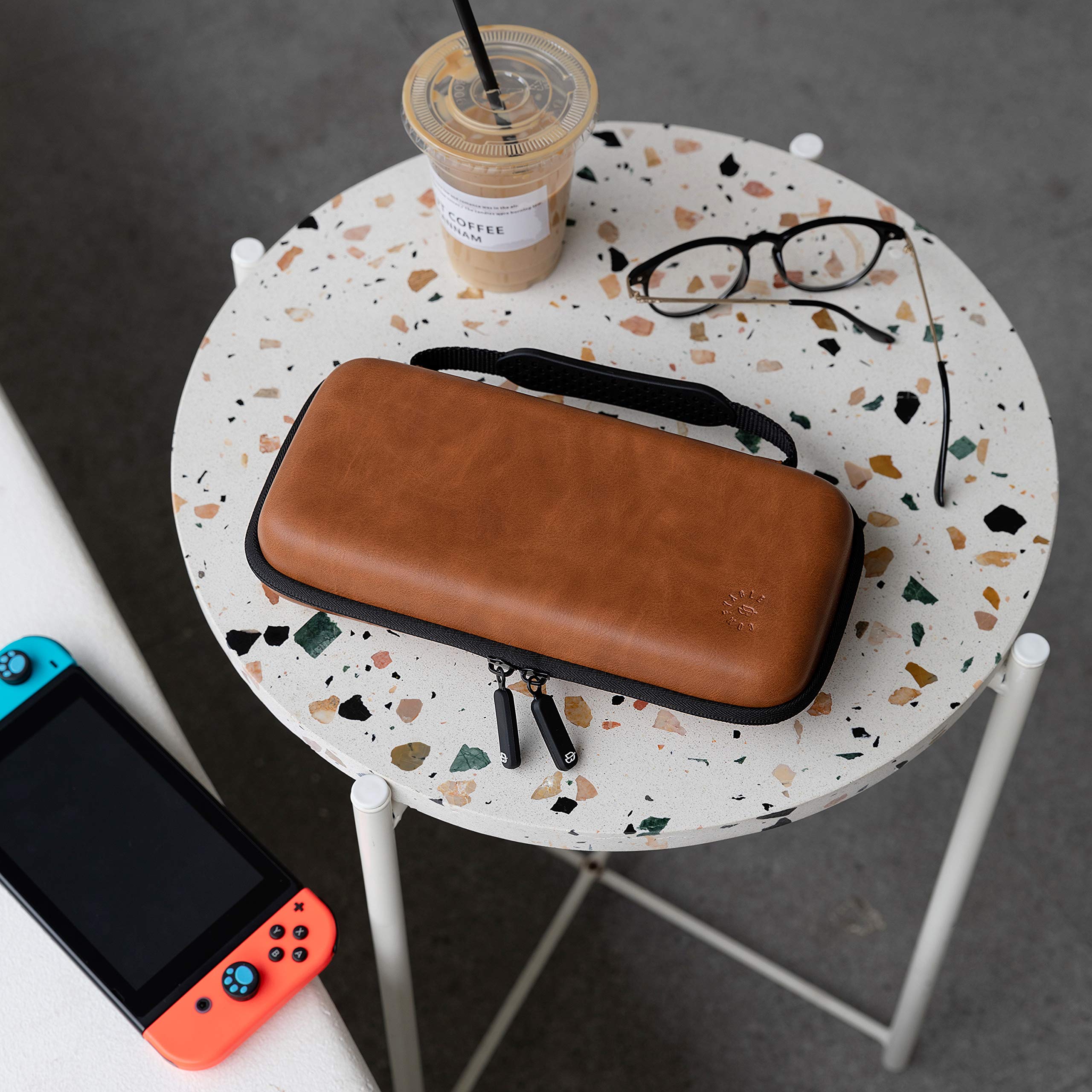 Comfyable Carrying Hard Case for Nintendo Switch OLED 2021 with 10 Game Slots, Faux PU Leather Portable Travel Pouch Protective Waterproof Cover with Pocket for Accessories, Brown