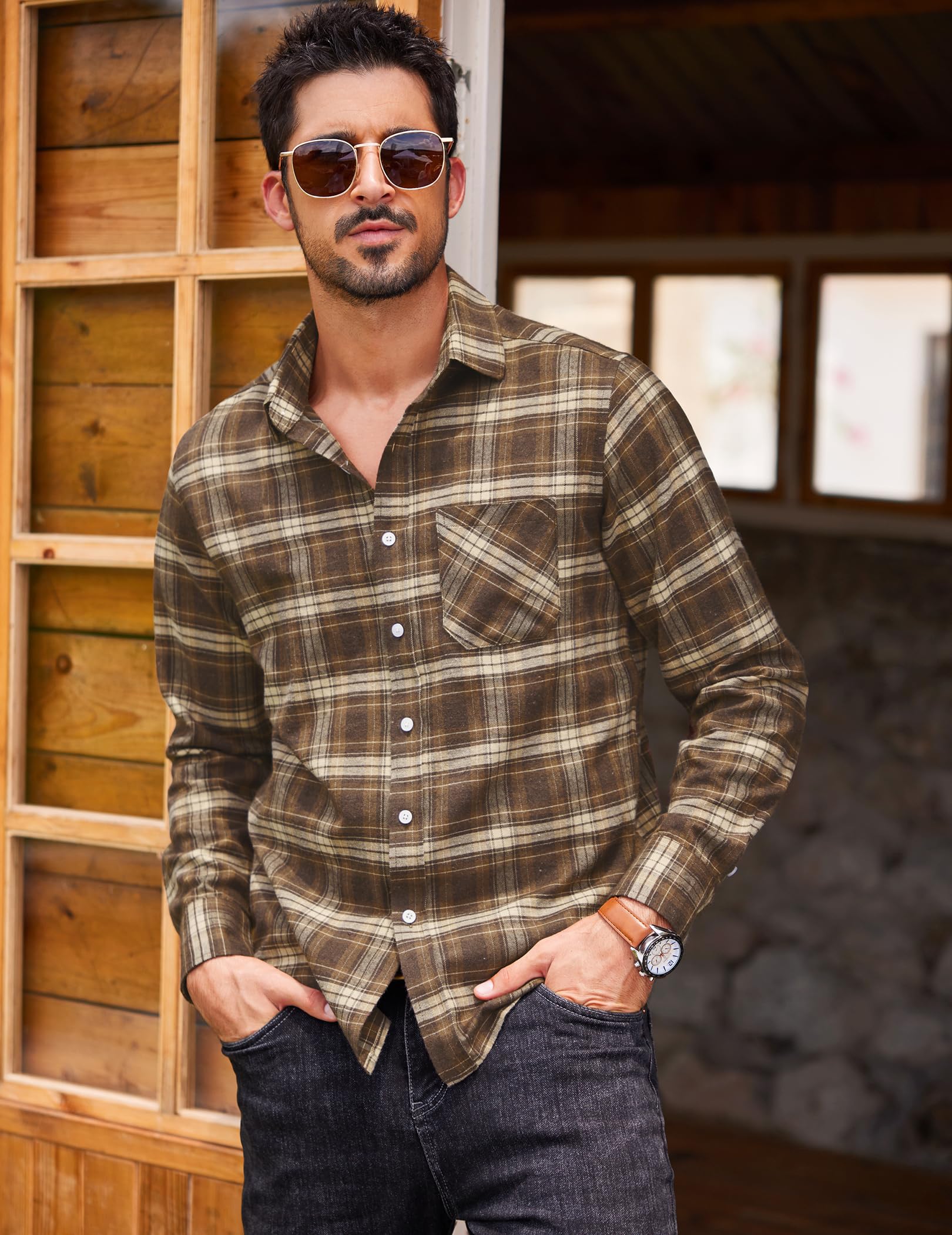 COOFANDY Mens Flannel Plaid Shirts Long Sleeve Casual Button Down Shirts Western Cowboy Shirts Brown