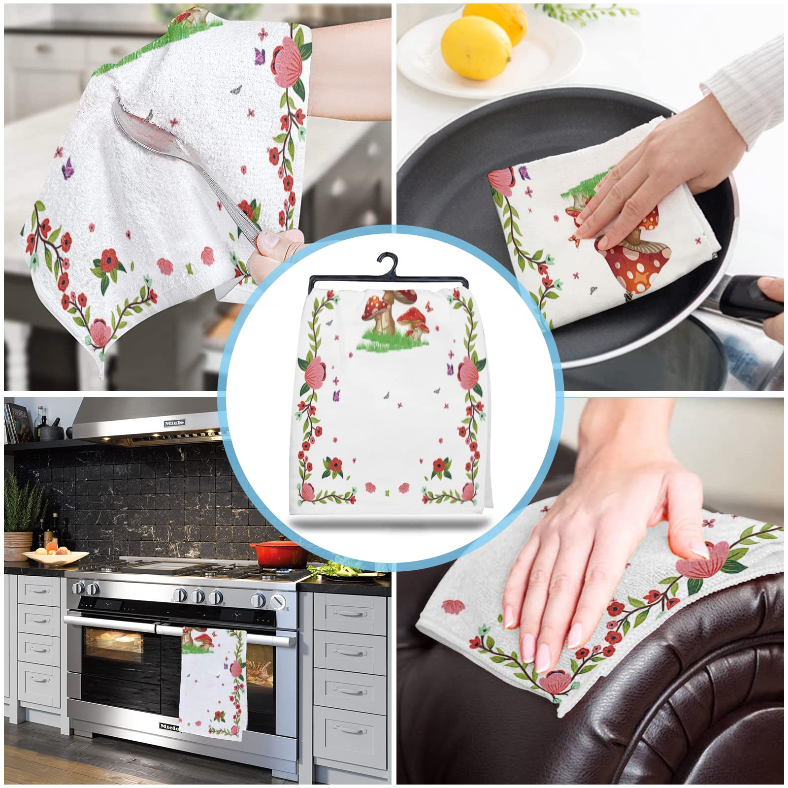 Dish Towels for Kitchen,Hand Towel Cleaning Cloths Country Forest Mushroom Absorbent Fast Drying Dish Rags,Flower Green Leaf Branch Frame Bathroom Cloth Set of 2 with Hanging Loop