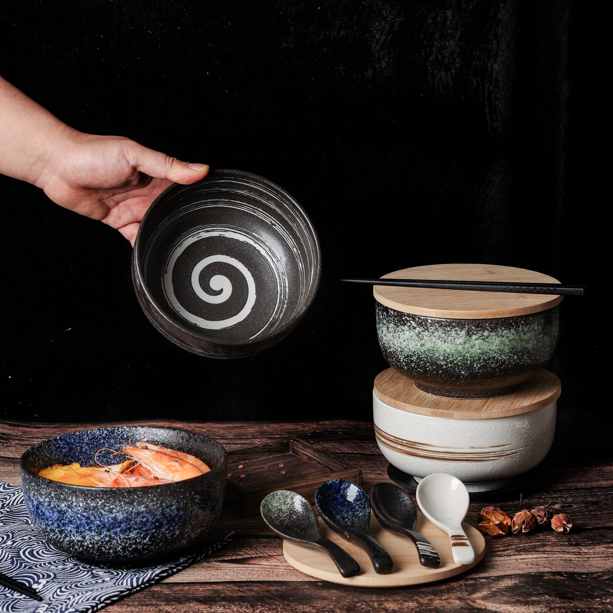 Cteaffee 38 OZ Large Ceramic Ramen Bowls Sets, Japanese ramen bowls, soup bowl, noodle bowls with Spoons and Chopsticks For Salad, Rice, Noodles, Microwave & Dishwasher Safe (Ramen bowl set)