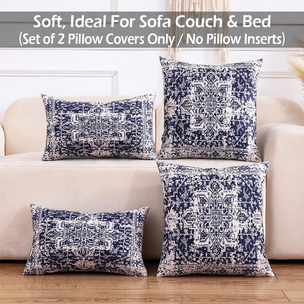 CARRIE HOME Navy Blue and White Farmhouse Decorative Throw Pillow Covers 18x18 Set of 2 Blue Boho Velvet Decorative Pillows 18 x 18 Soft Boho Room Decor for Couch Sofa and Bed