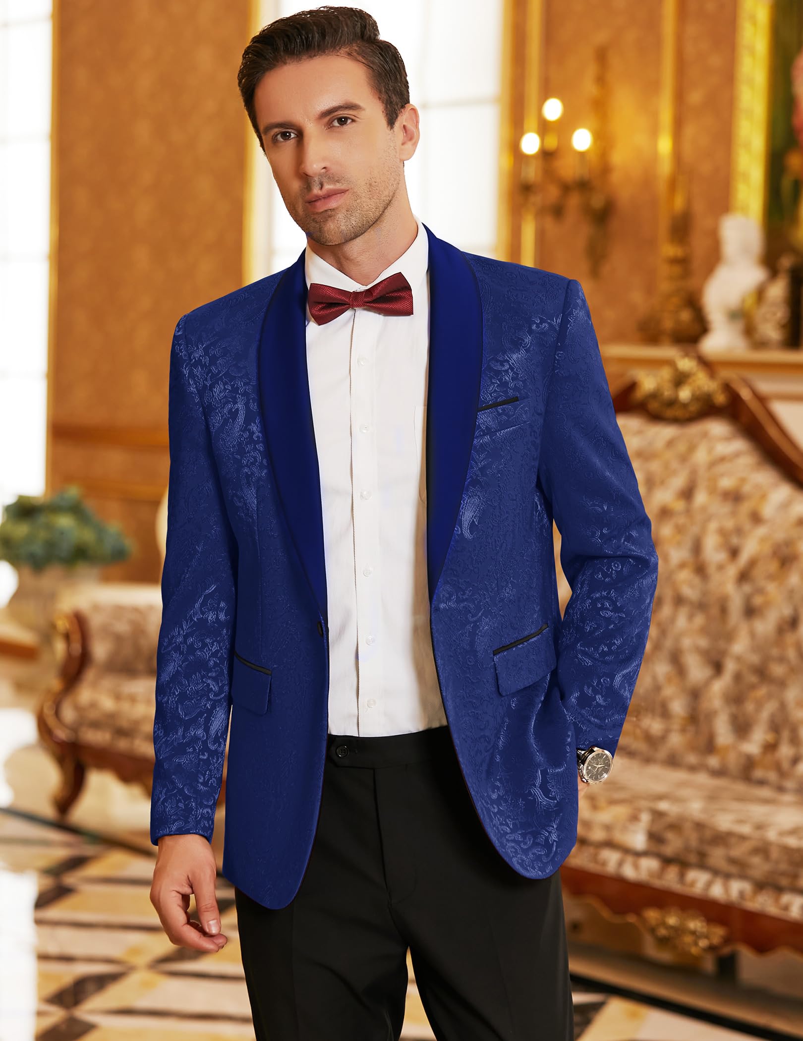 COOFANDY Mens Floral Tuxedo Jacket One Button Big and Tall Suit Blazer Jacket for Dinner Party Wedding Prom Navy Blue, XL