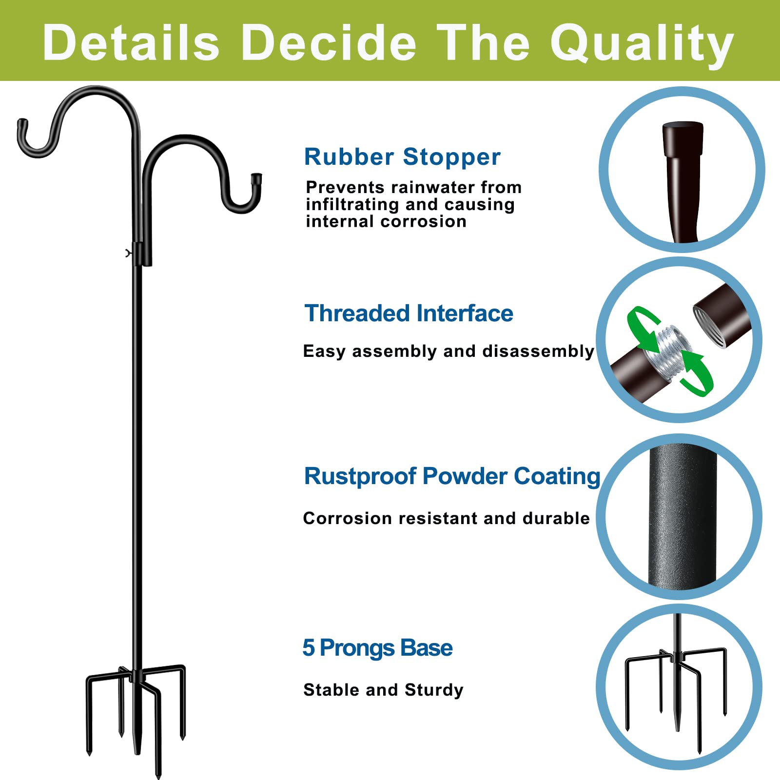 Double Shepherds Hook for Outdoor,78 Inch Bird Feeder Pole with 5 Prongs Base,Adjustable Heavy Duty Garden Hanging Holder for Hanging Plant,Solar Light,Weddings Decor,Hummingbird Feeder（1 Pack）