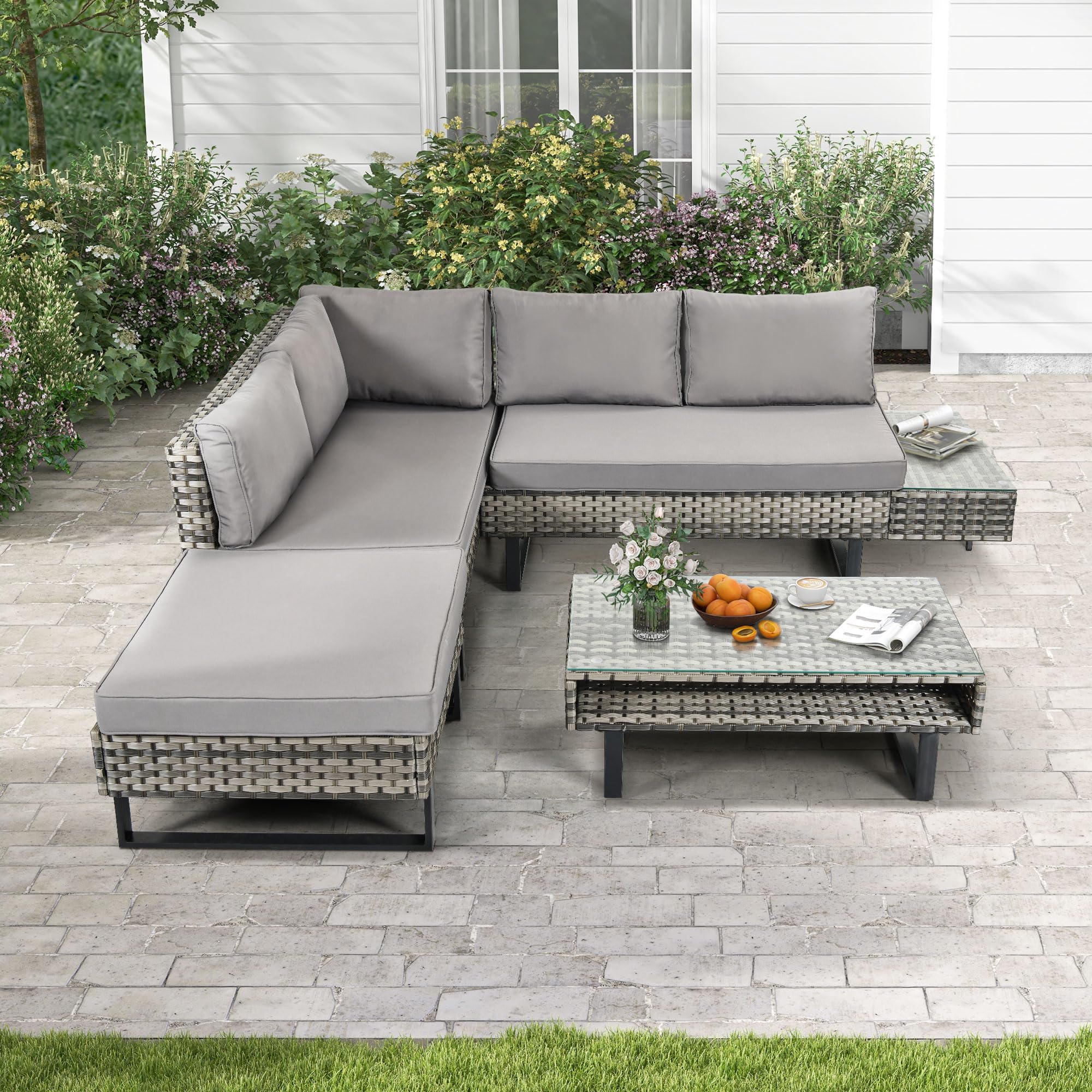 DWVO Patio Furniture Set, Sectional L-Shaped Sofa, for Patio Backyard Poolside Porch, Wicker Conversation Set with Coffee Table & Cushions, Detachable Lounger, All-Weather Rattan, Grey