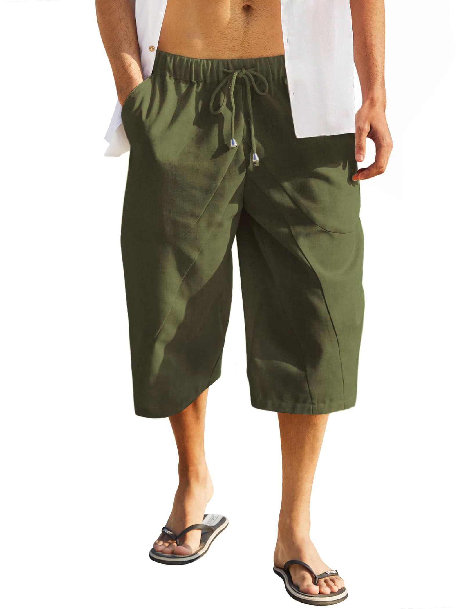 COOFANDY Mens Linen Yoga Pants Casual Elastic Waist Capri Beach Pants Lightweight Harem Pants, Army Green, M