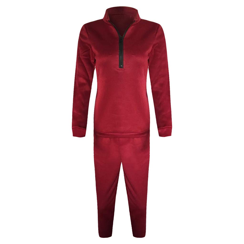 Womens Sweatshirt Sets Ladies Long Sleeve Solid Tracksuit Suit Sport Zipper Pullover Sweatshirt Pants 2Pcs Casual Clothes (Red, S)