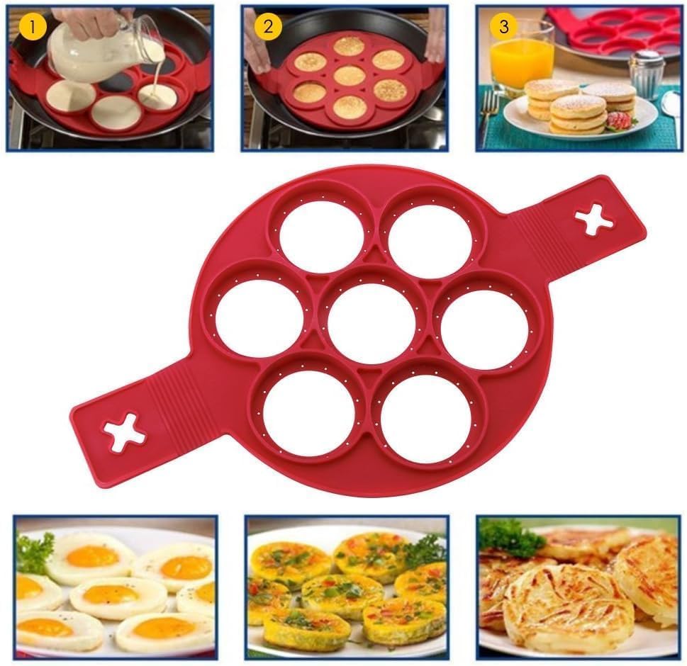 Flip N Cook Pancake, Flip N Cook Silicone Pancake Mold, Flip and Cook Pancake Maker, Reusable Fried Egg Molds, Flip'n'cook Silicone Pancake Mold, Reusable silicone omelet mold (Round-Red+Heart-Pink)