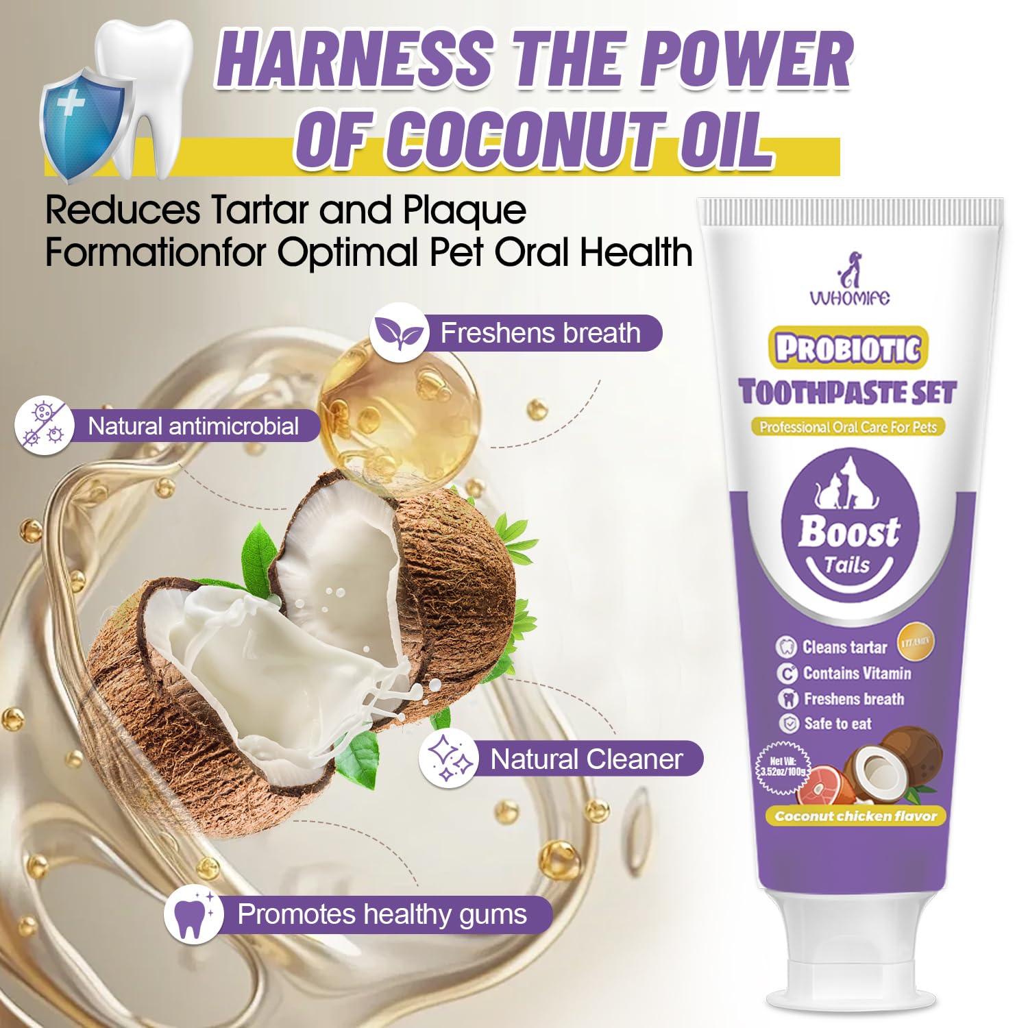 Food Grade Cat & Dog Toothpaste-Enzyme and Probiotic Toothpaste, Enriched with VitaminB. Controls Plaque, Tartar and Bad Breath. Safe & Fresh Toothpaste for Cat and Dog. 3.52oz-Coconut Chicken Flavor