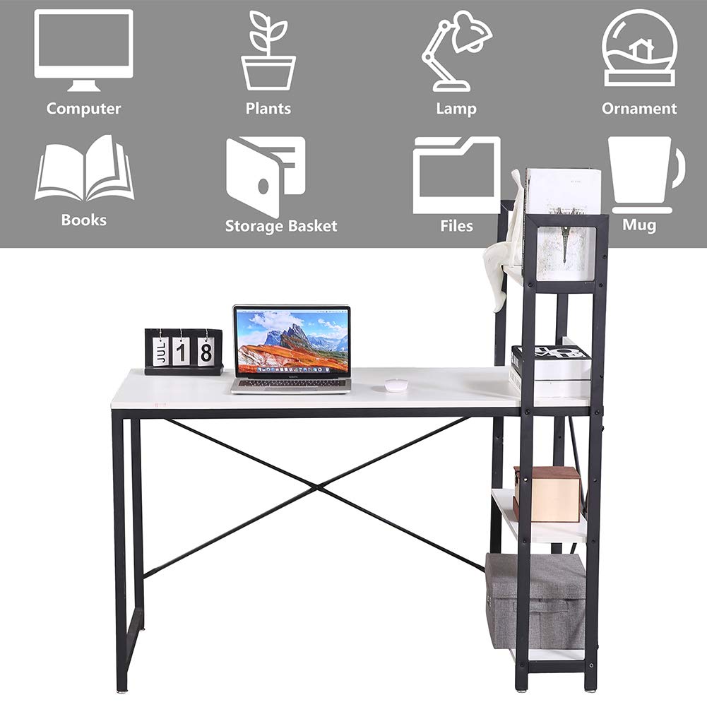 Computer Writing Study Home Office Desk, Multipurpose Study Table H Shape Table with 4 Tier Bookshelves, 47 inch #White