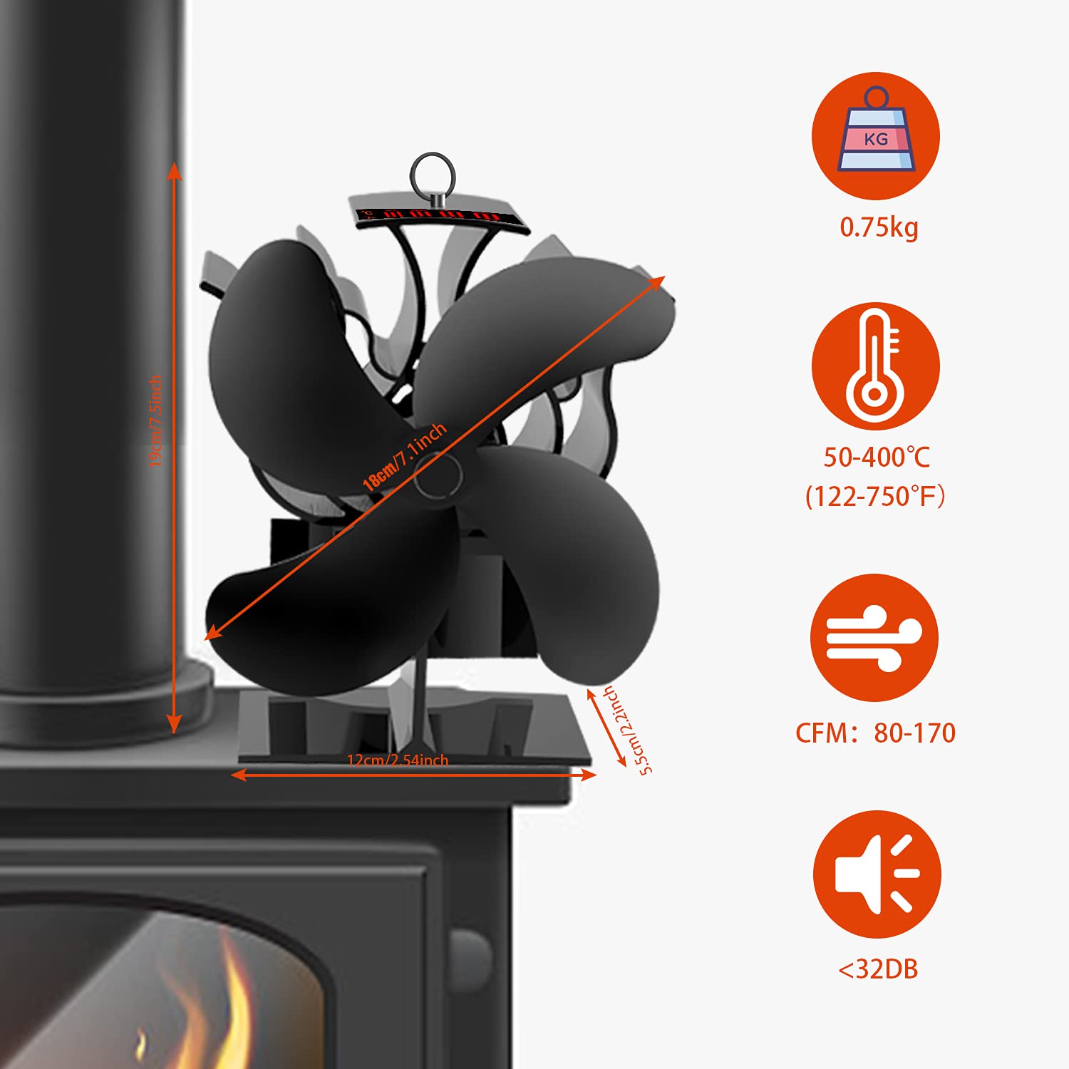 VAZILLIO Heat Powered Stove Fan Built-in Temperature Indicator 4-Blade Fireplace Fans 2 in 1 Placement Design 50℃-400℃ Fast Running Wood Stove Fan More Efficient and Silent Heat Powered Stove Fan