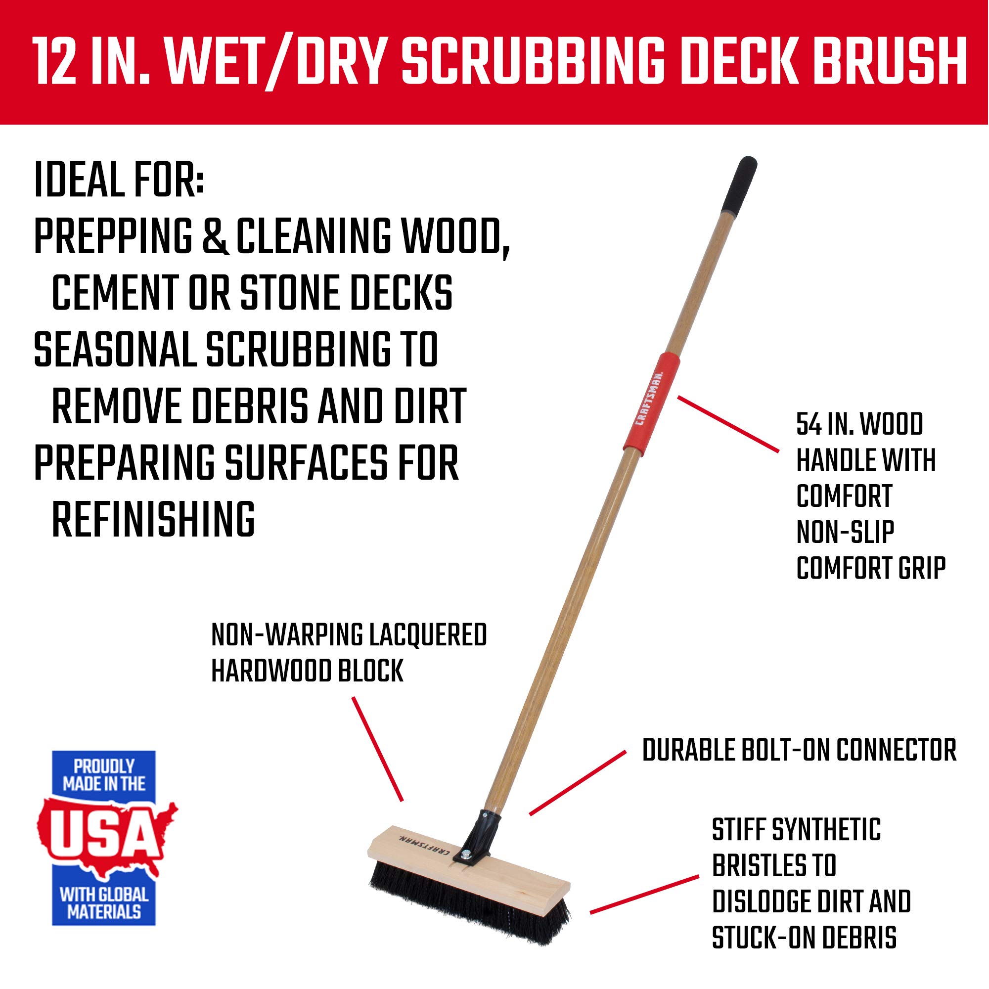 CRAFTSMAN CMXMKIT0080 3-Piece Heavy Duty Cleaning Tool Set with 10 in.All-Surface Wash,12 in. Scrubbing Deck Brush & 18 in. Push Broom, Brown