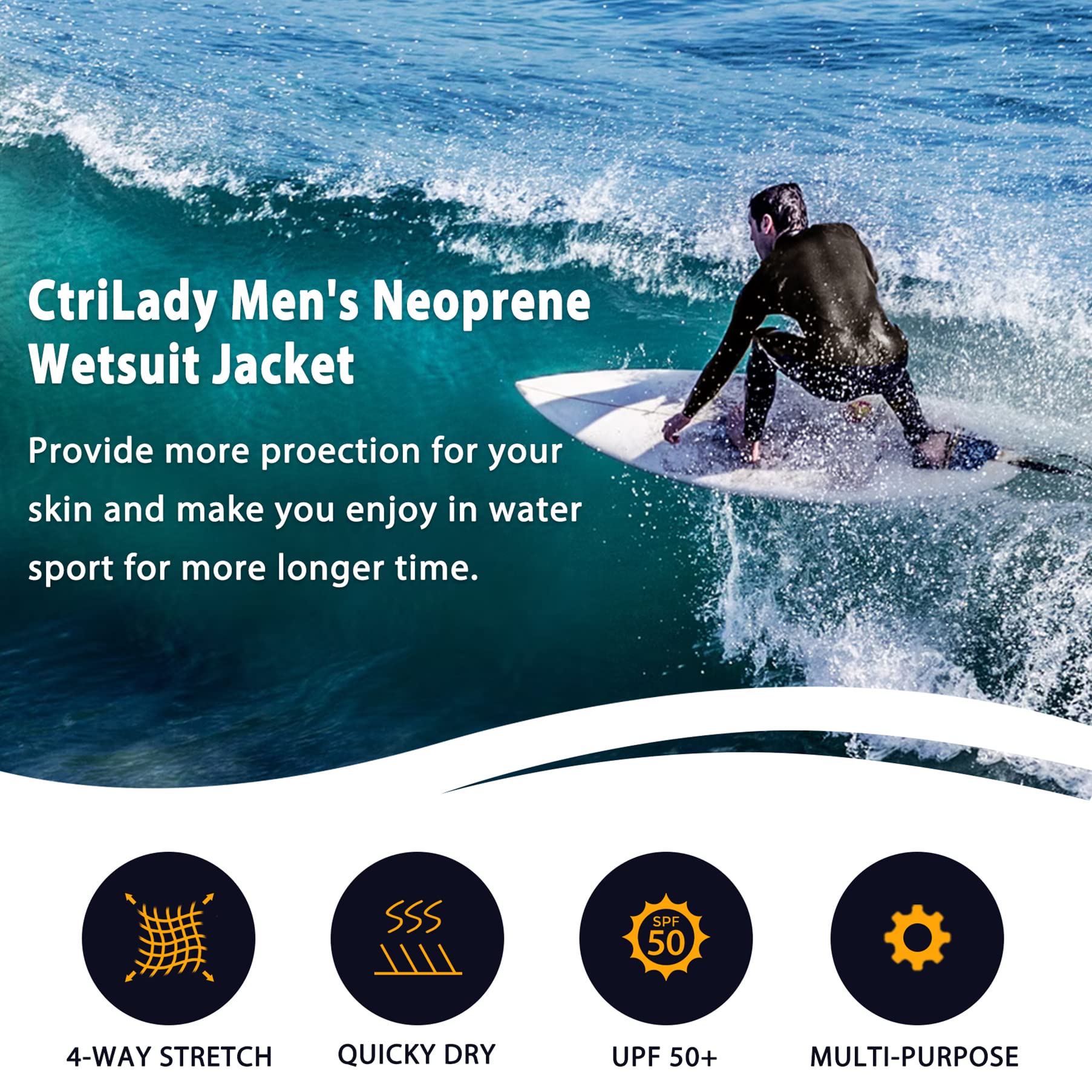 CtriLady Men's Best Neoprene Wetsuit Jacket Front Zipper Long Sleeves Workout Tank Top for Swimming Snorkeling Surfing (Black, XL)