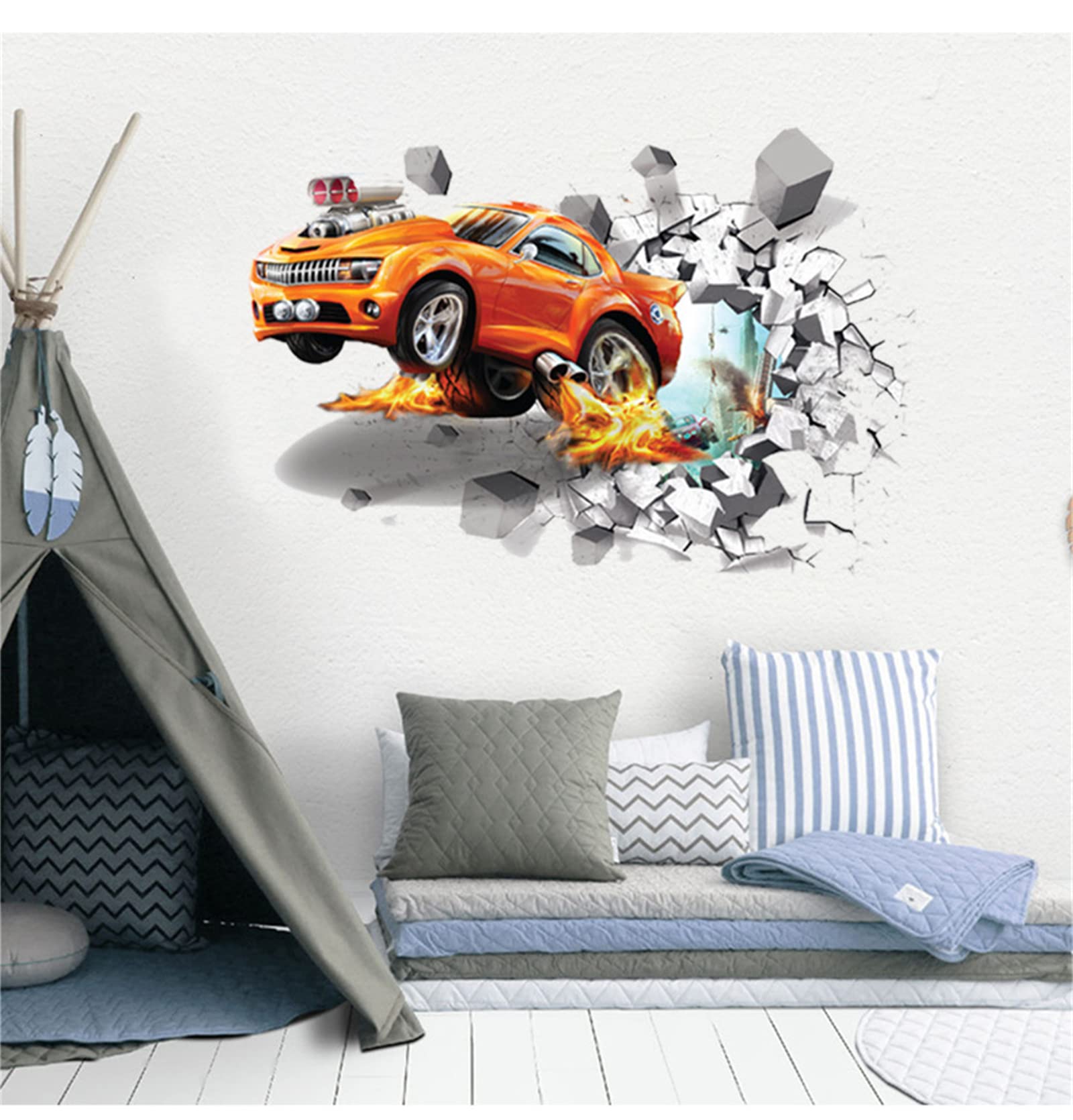 Dynamic Car Wall Stickers, Breaking Wall Creative 3D Wall Decals, Self Adhesive Removable, Art Decal Mural Wall Decor, Kids Boy Room Bedroom Playroom Wall Decoration(19.6'' × 27.5'') (car2)