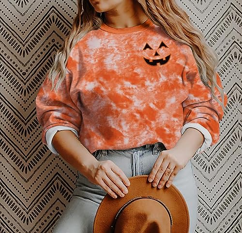 KORADIOR Halloween Sweatshirt Women Pumpkin Face Pullover Pumpkin Lantern Shirt Tee Casual Long Sleeve Top Orange