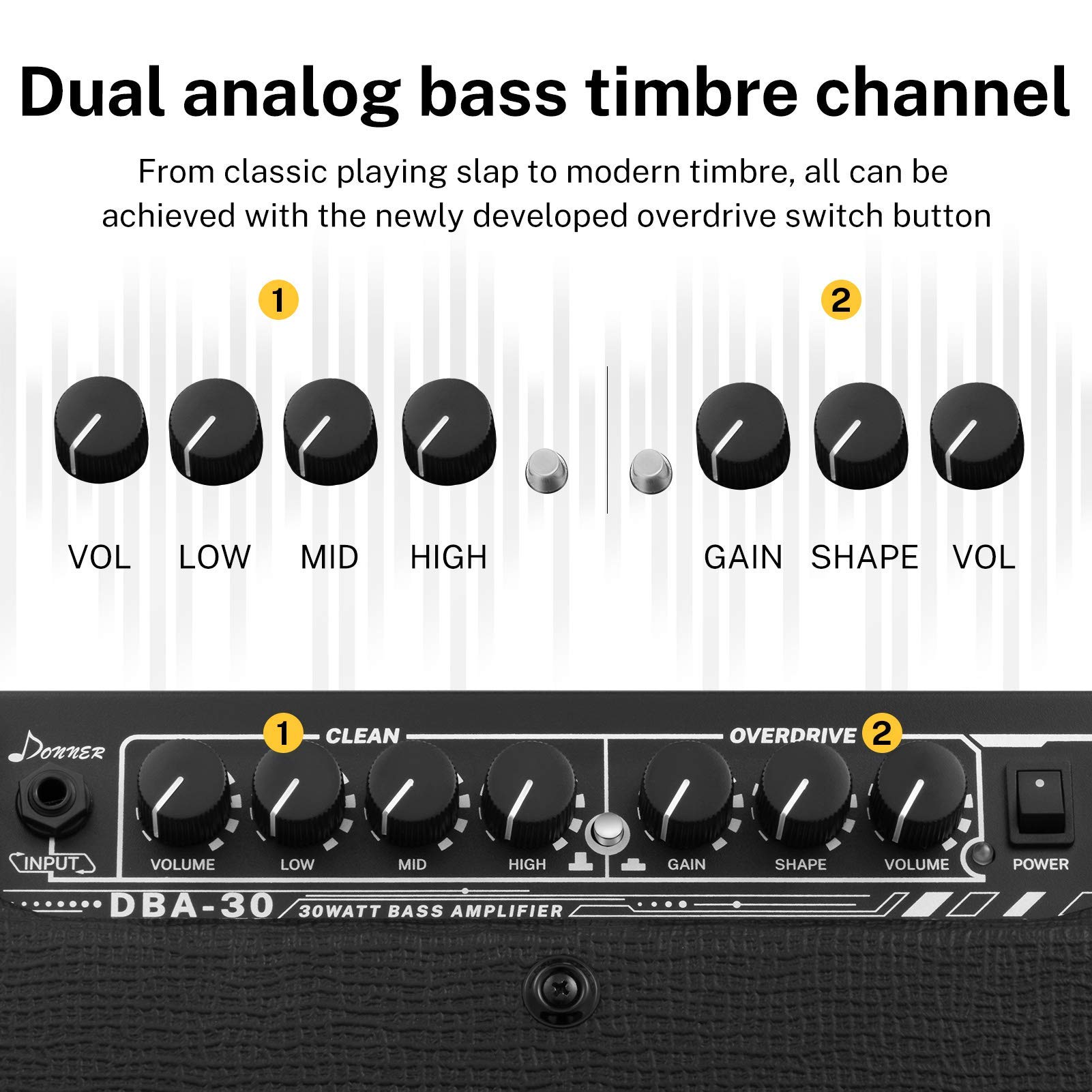 Donner DPB-510S Full-Size Full Size 4 Strings Electric Bass Guitar Sunburst Beginner Starter Kit with Bag & 30W Bass AMP Bass Combo Amplifier DBA-30