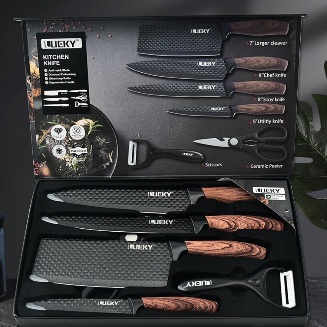 GLOVEVA Set of 6 Knife Set with Giftbox Wave Pattern Sharp Kitchen Knifes wood grain rubber handle chef kitchen knife block sets carving knife set, LARGE&SMALL