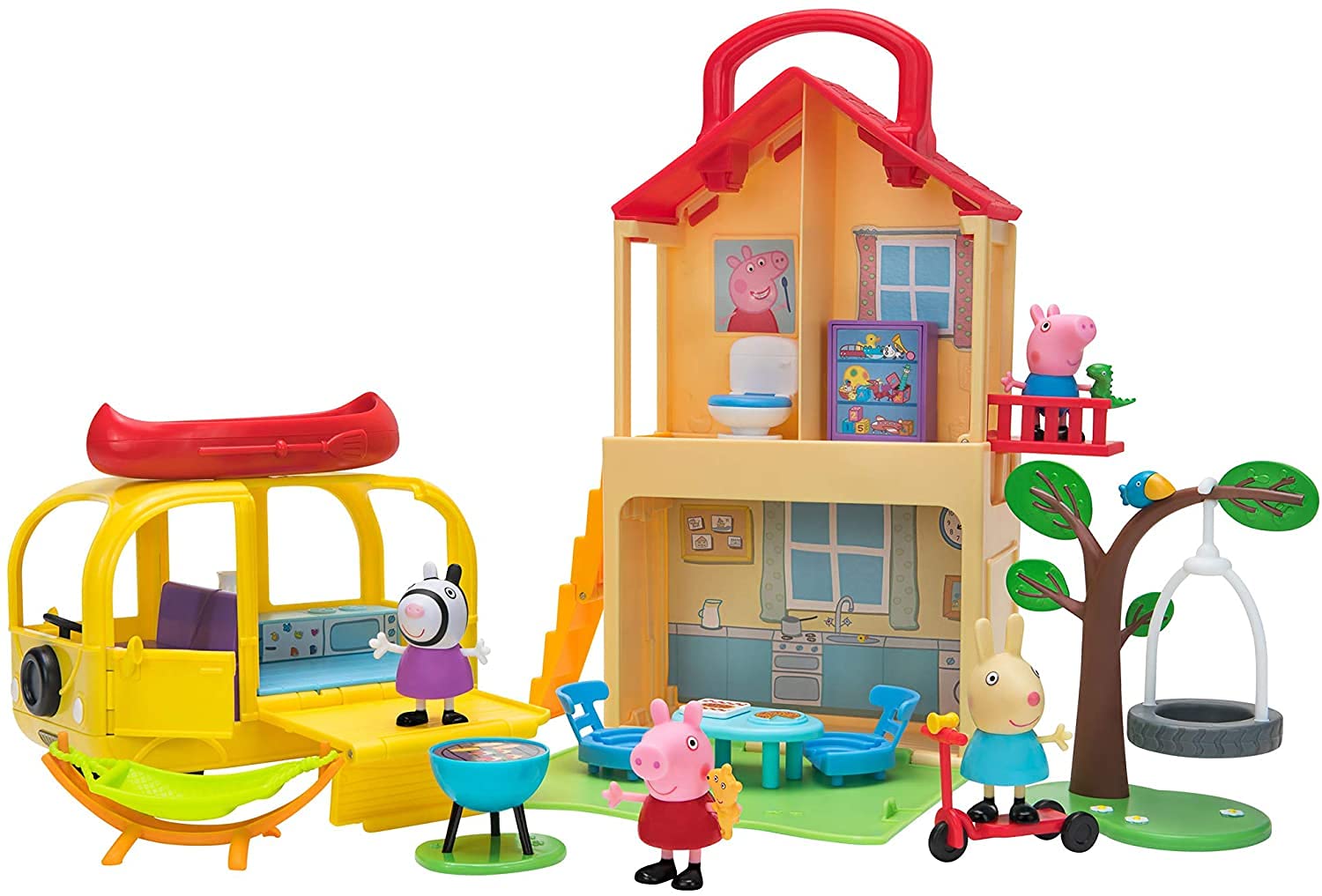 Peppa Pig Pop n’ Playhouse & Play n’ Go Campervan Combo Pack Playset, 15 Pieces - Includes 4 Character Toy Figures Plus Accessories - Toy Gift for Kids - Ages 2+